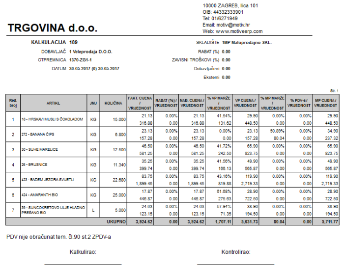 KALKULACIJA Nabave Arios Agencija Za Ra unovodstvo Informatiku